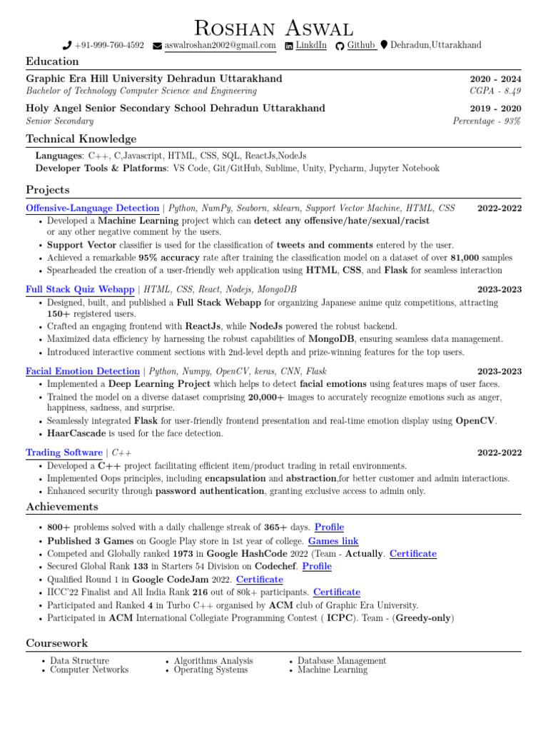 Roshan Resume | Download Free PDF | Machine Learning | Web Application