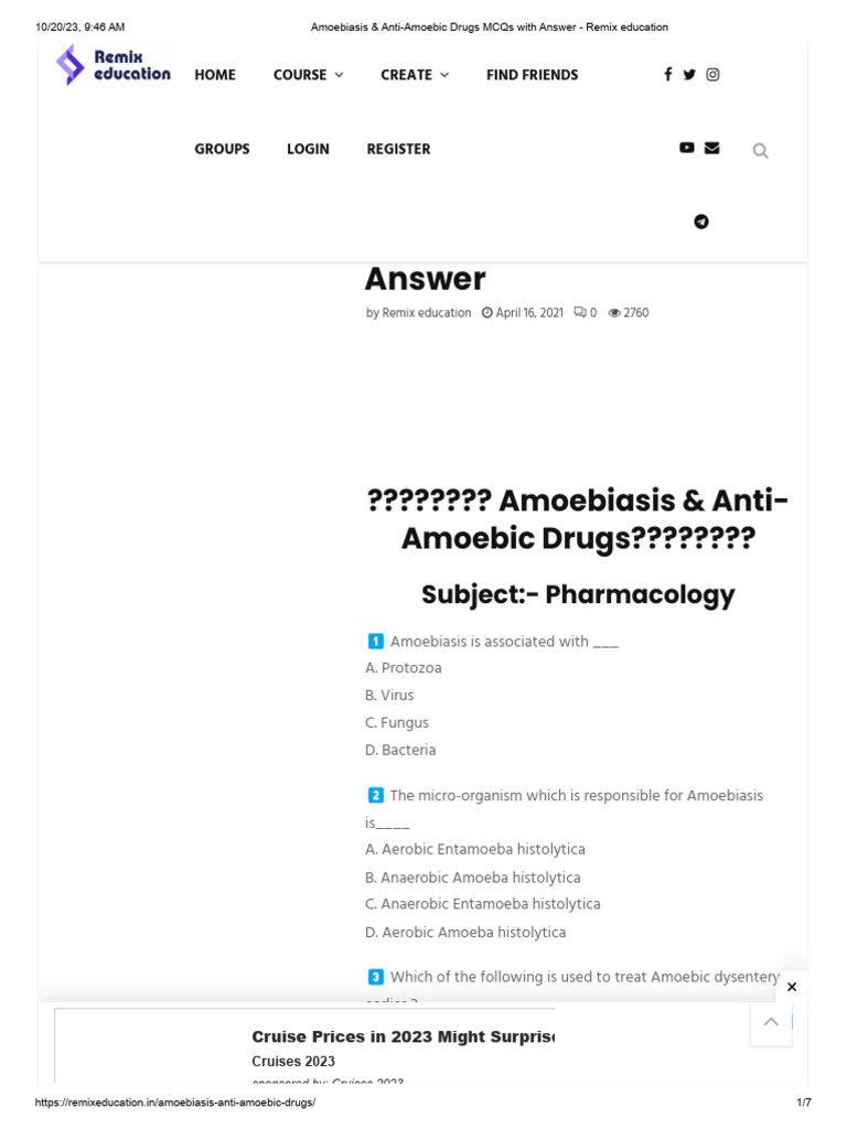 Amoebiasis & Anti-Amoebic Drugs MCQs With Answer - Remix Education ...
