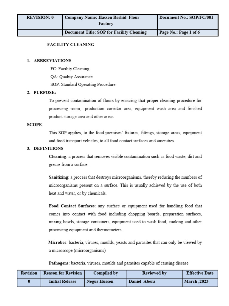 Sop For Facility Cleaning | PDF | Microorganism | Door