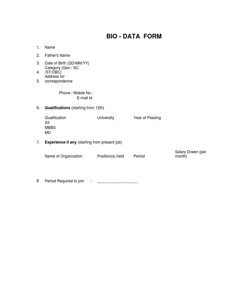 Bio Data Form Template | PDF