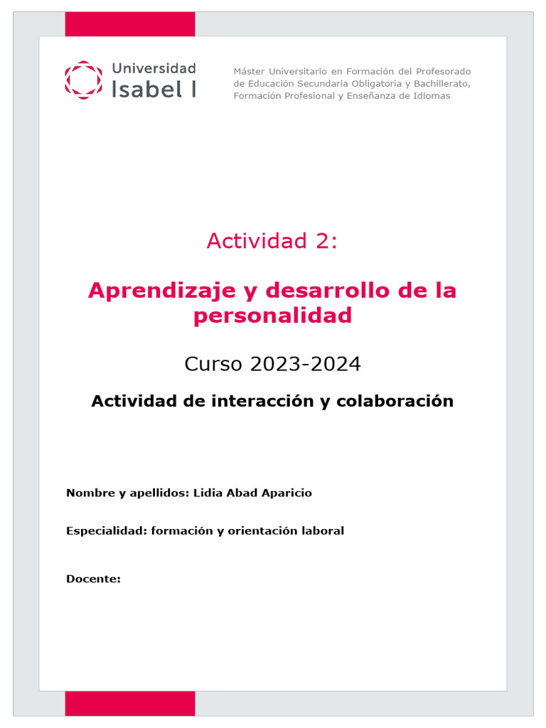Plantilla de La Actividad Evaluable 2 Aprendizaje y Desarrollo de La ...