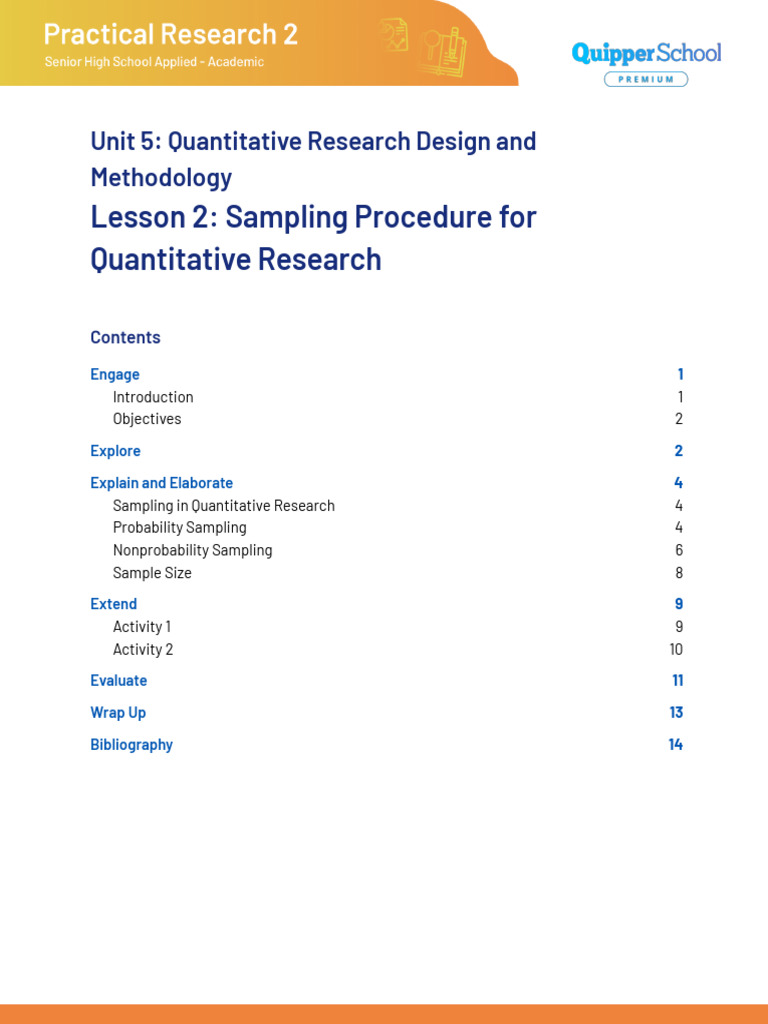 FINAL SG - PR2 11 - 12 - UNIT 5 - LESSON 2 - Sampling Procedure For Quantitative Research | PDF ...