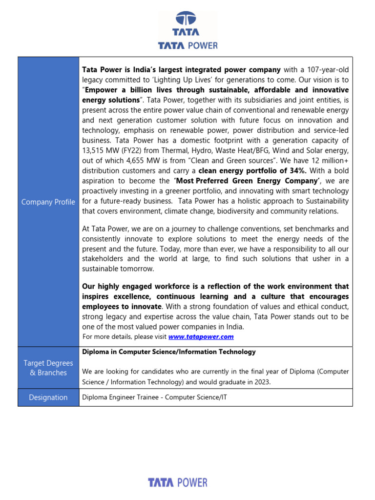 Job Description Tata Power Det Computer Science And It 2023
