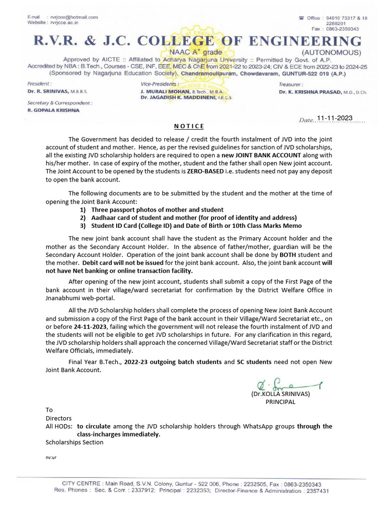 Notice - Opening New Joint Bank Ac by JVD Scholarship Holders - Reg ...