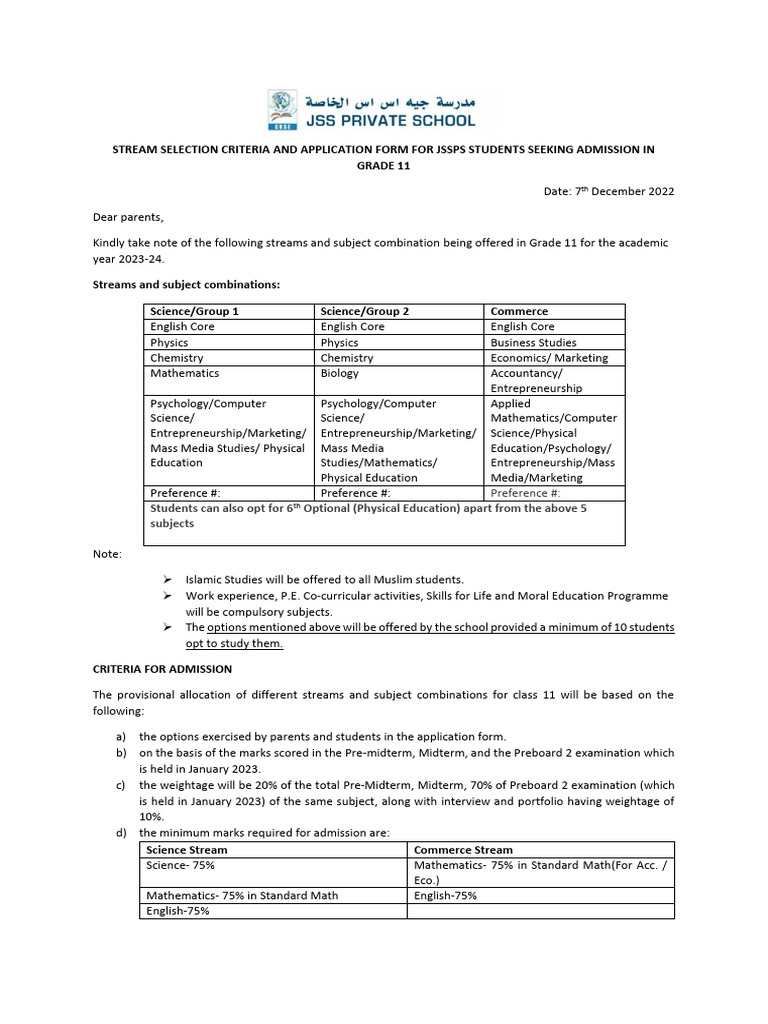 Stream Selection Criteria in Grade 11 2023-24 | PDF | University And ...