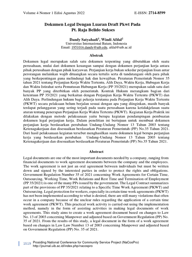Dokumen Legal Dengan Luaran Draft PKWT Pada Pt. Raja Belido Sukses | PDF | Pengelolaan Keuangan ...