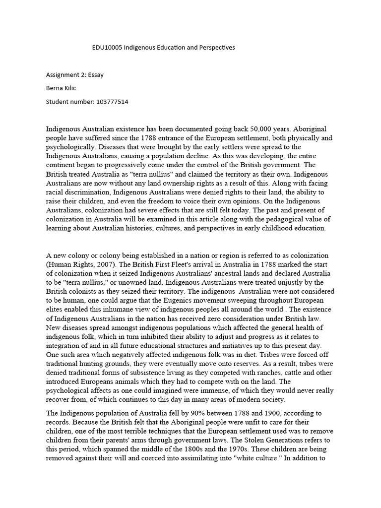 EDU10005 Indigenous Education and Perspectives Assessment 2 - Essay ...