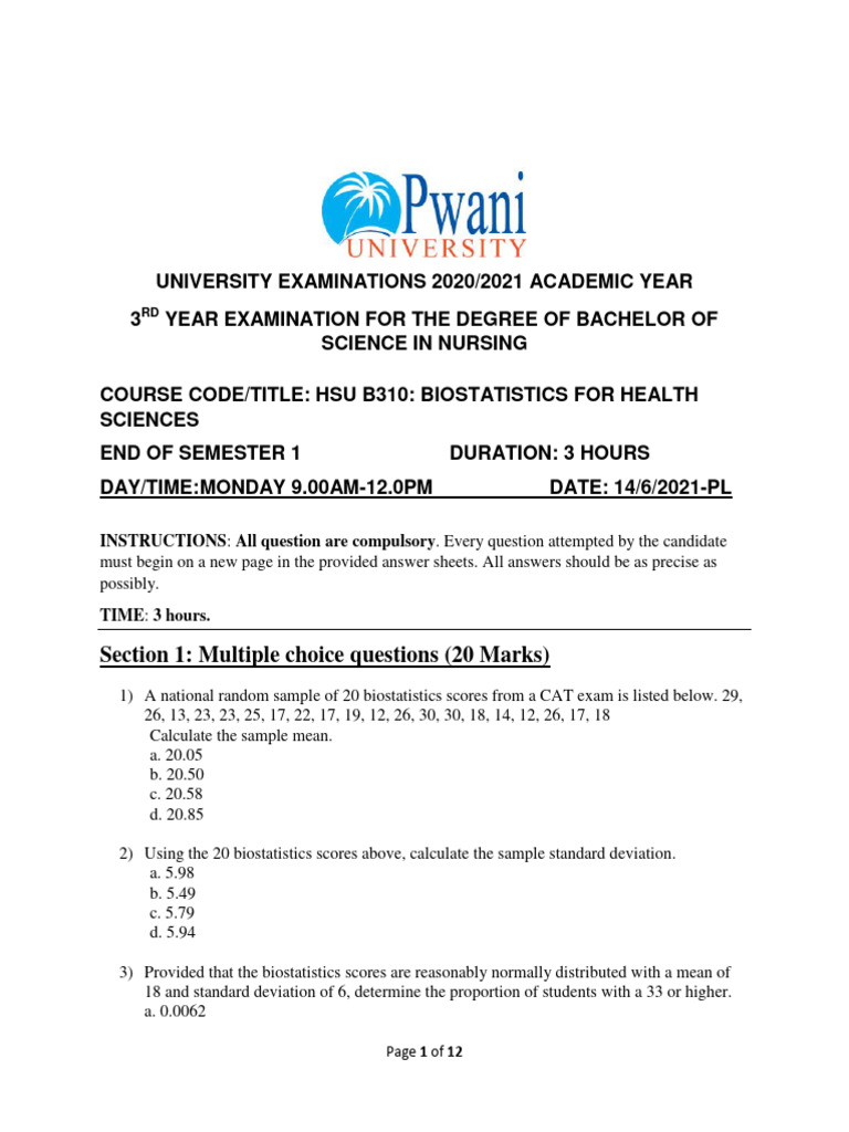 HSU B301 BIOSTATISTICS FOR HEALTH SCIENCES Main Exam | PDF | Regression Analysis | Statistics