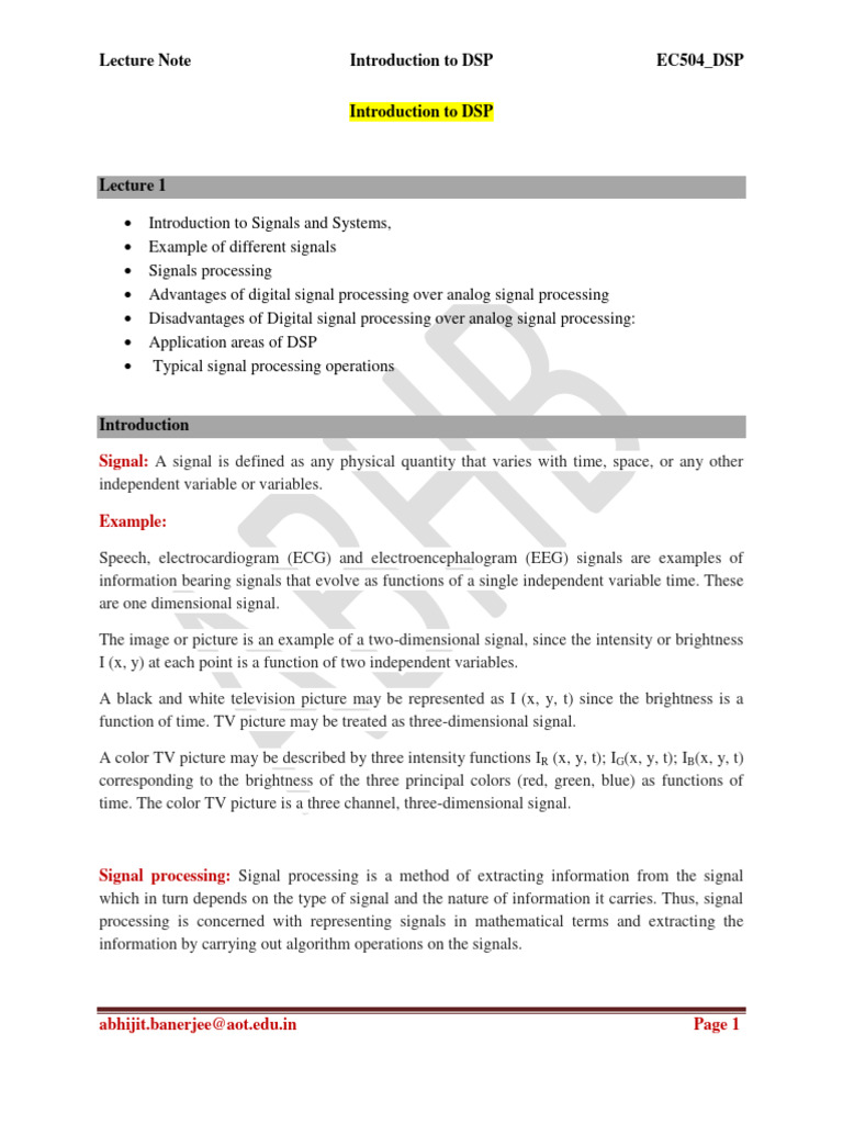 DSP - Lec 1-2 | PDF | Digital Signal Processing | Analog To Digital Converter
