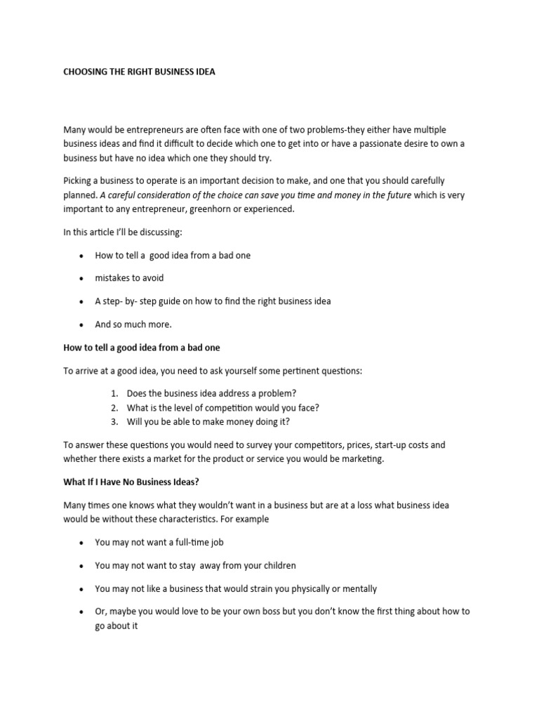 Choosing the Right Business Idea | PDF | Startup Company | Small Business & Entrepreneurs