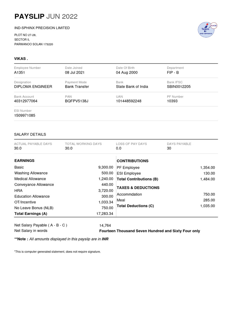 VIKAS .-Payslip - Jun-2022 | PDF | Paycheck | Salary