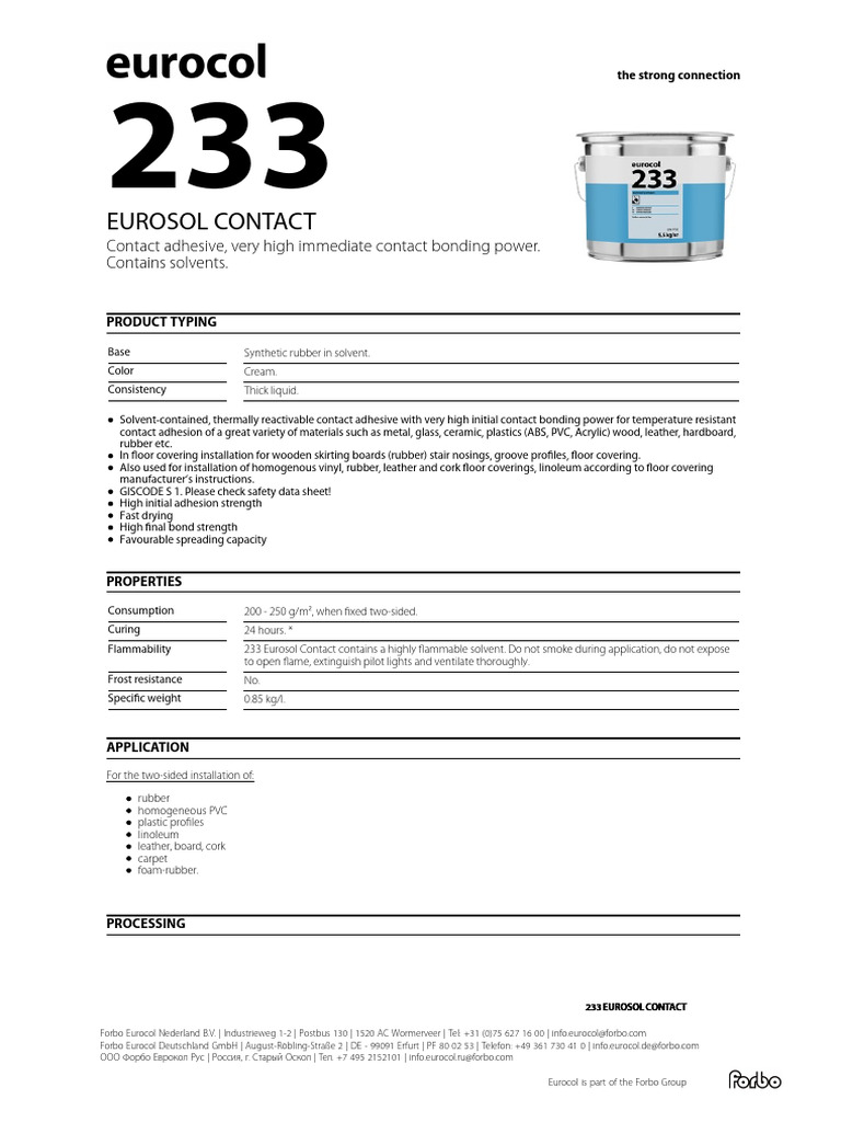 FT Forbo 233 EUROSOL | PDF | Adhesive | Polyvinyl Chloride