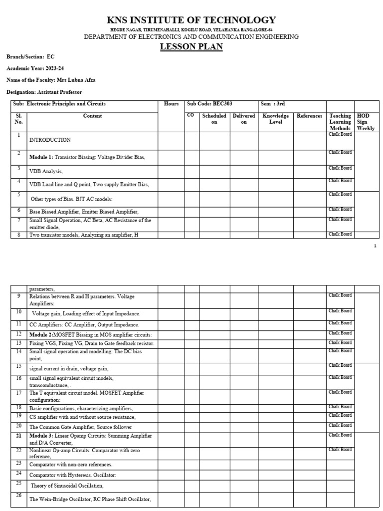 Bec303 - Lesson Plan | PDF | Amplifier | Electronic Oscillator