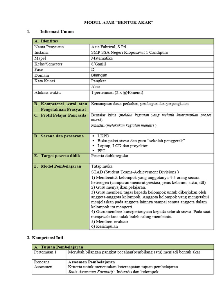 Modul Ajar MTK 8 Bentuk Akar Azis Fahrizal | PDF | Karier & Perkembangan