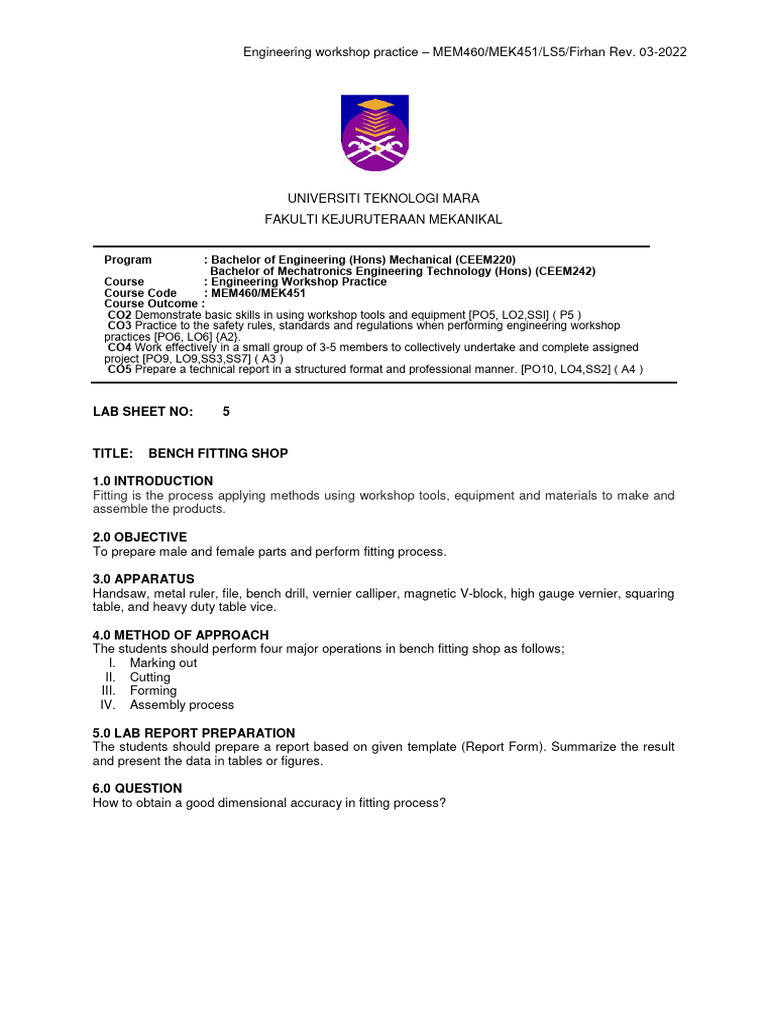 Fitting Lab Sheet - Mac-Aug2022 | PDF | Engineering | Physical Sciences