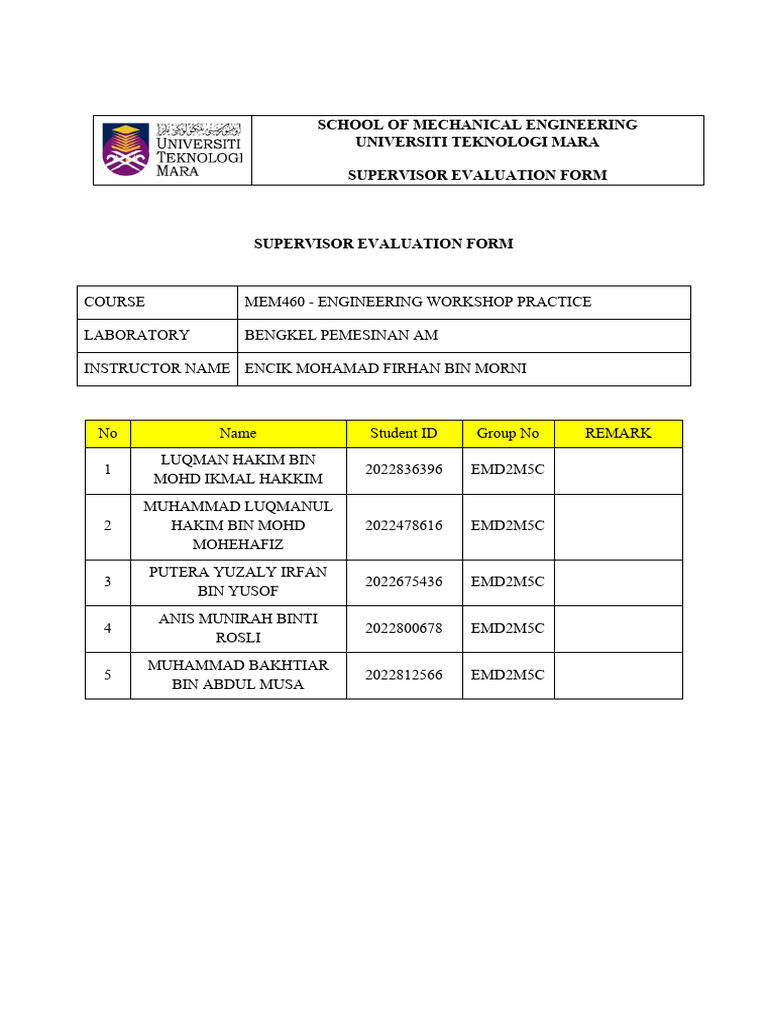 Supervisor Evaluation Form for MEM460 | PDF