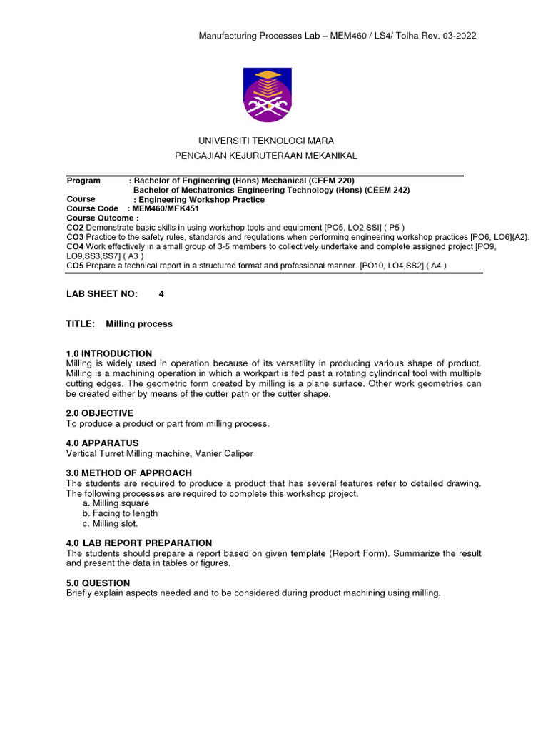 Milling Lab Sheet - Mac-Aug2022 | PDF | Machining | Engineering