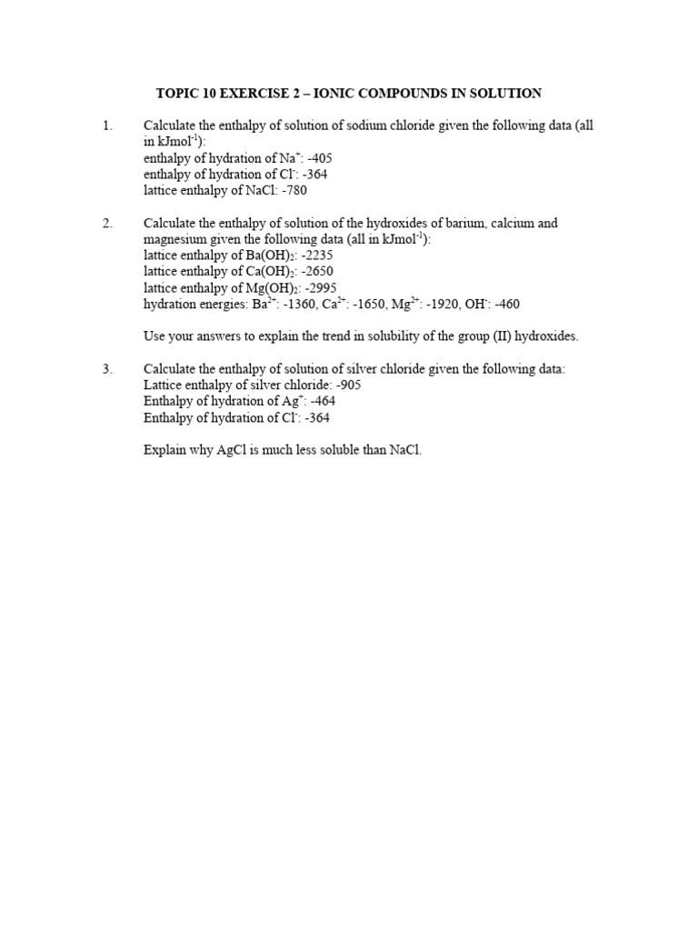 Topic 10 Exercise 2 - Ionic Compounds in Solution | PDF