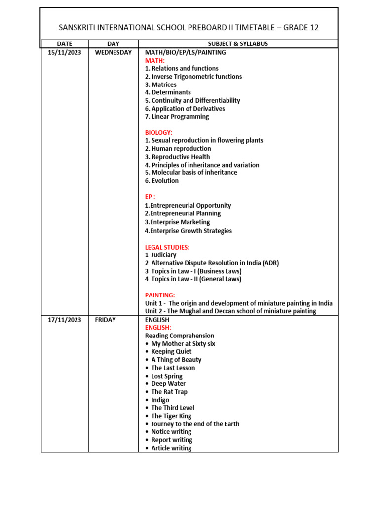 Preboard Ii Grade 12 Timetable | PDF | Marketing | Advertising