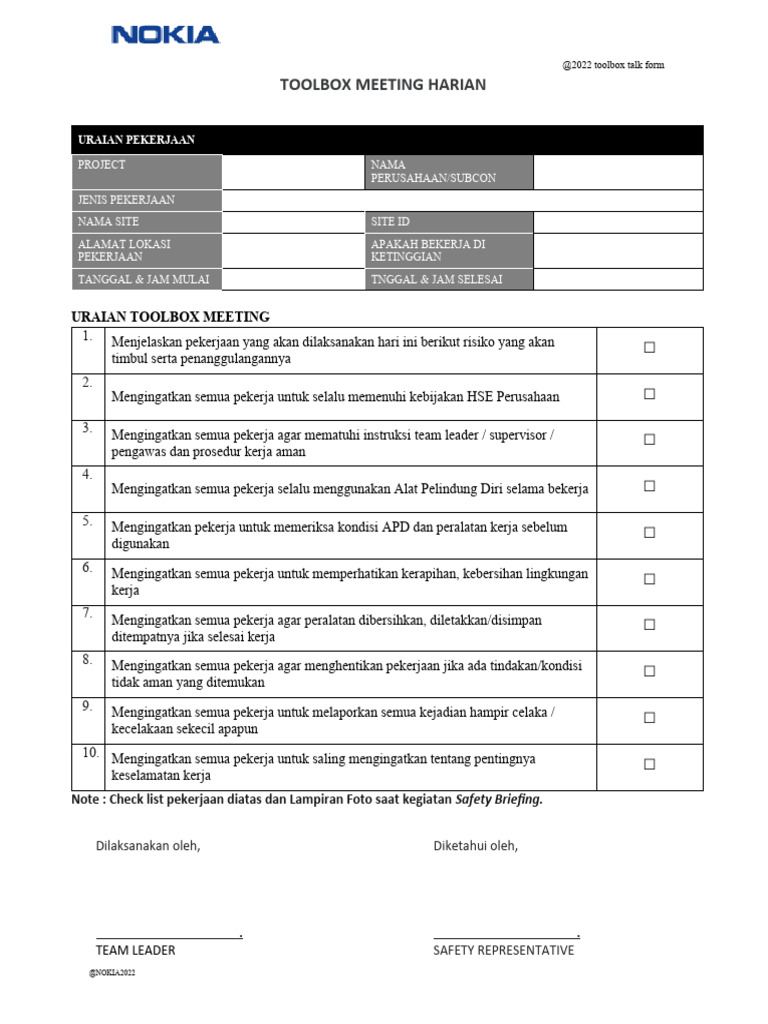 Toolbox Meeting Form @nokia2022 | PDF