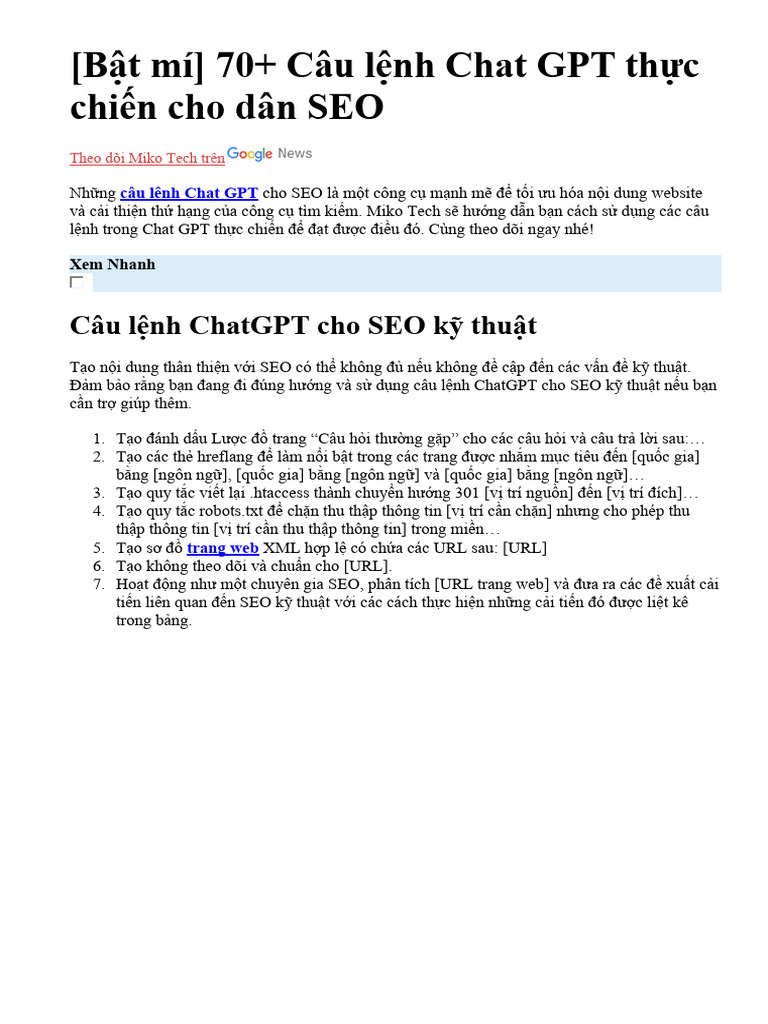 70+ Câu lệnh Chat GPT thực chiến cho dân SEO | PDF