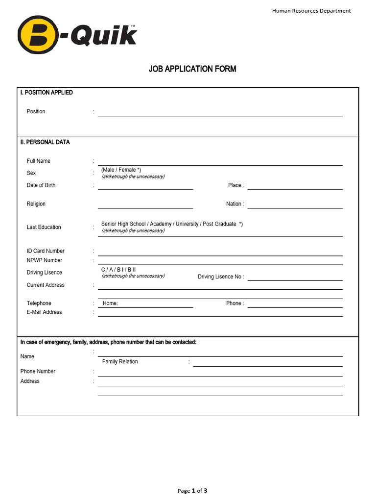 BQuik - Job Application Form | PDF