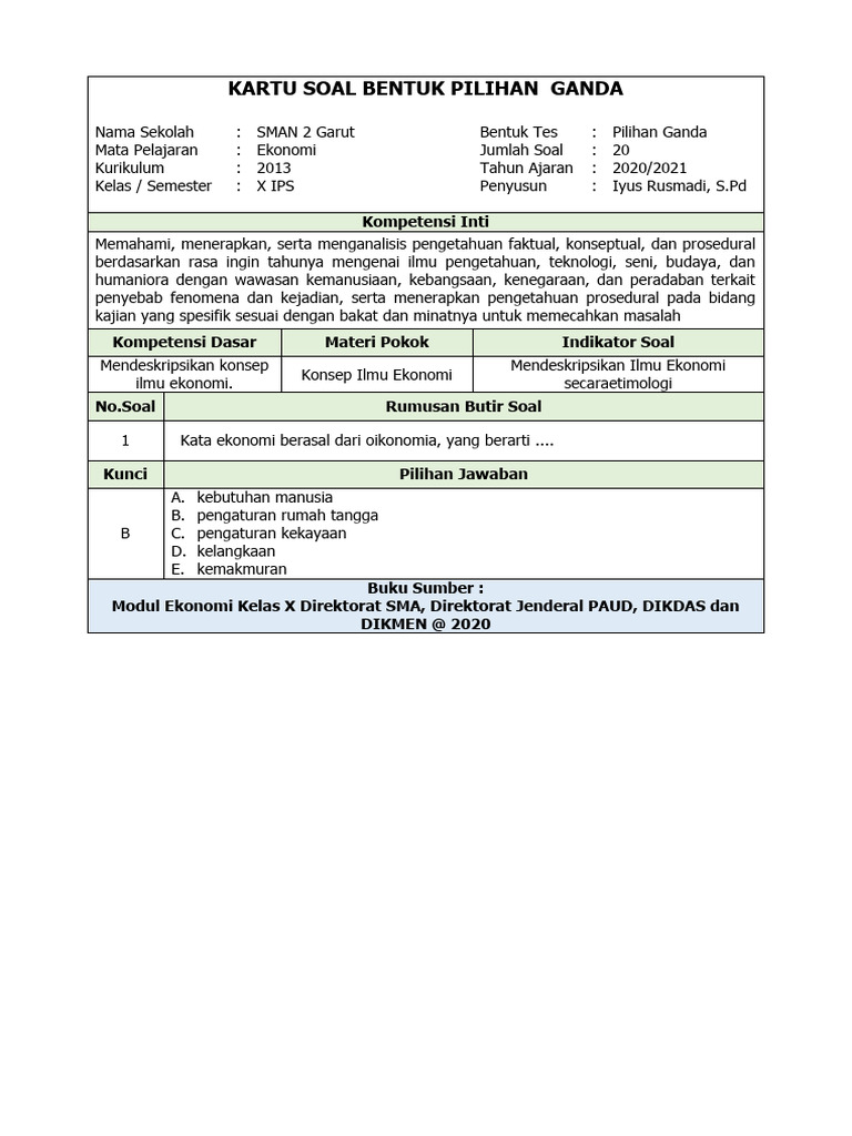 Kisi Kisi Naskah Soal Kartu Soal Pas Eko | PDF