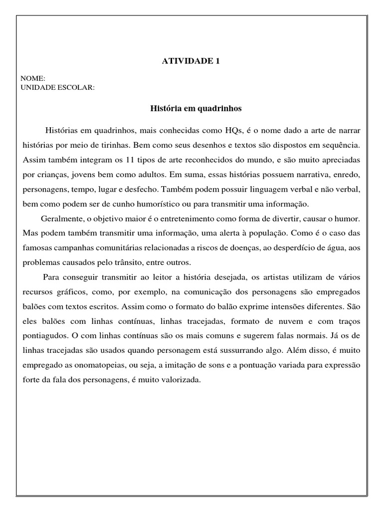 Atividade - 8 Ano - 30-10-2023 | Download grátis PDF | Quadrinhos