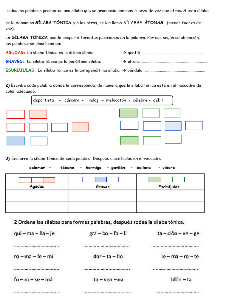 Sílaba Tónica: Ejercicios y Clasificación | PDF