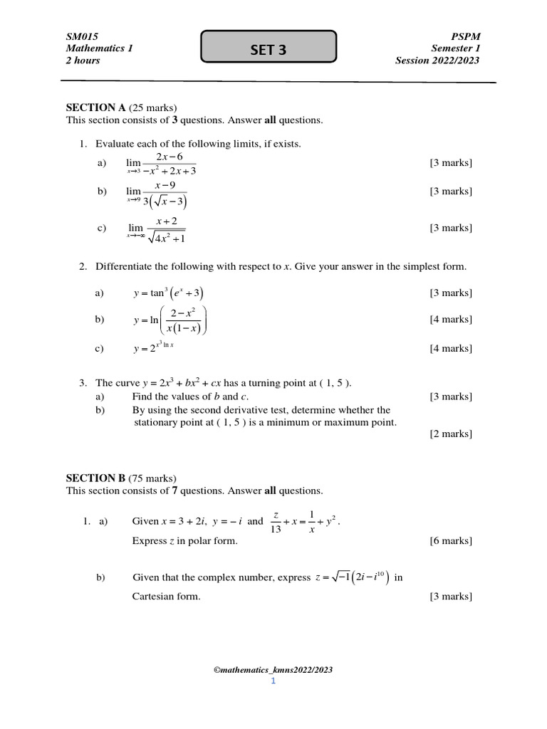 KMNS - 2223 - Pre PSPM SM015 - Set 3 | PDF | Mathematical Objects | Mathematical Concepts