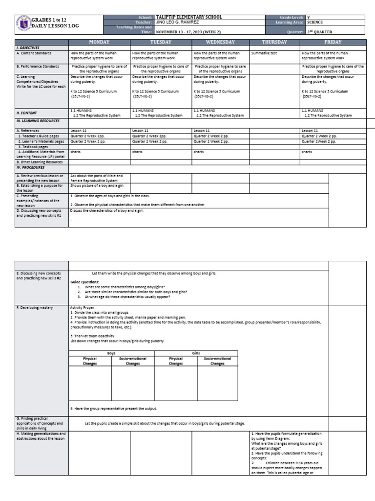 DLL - Science 5 - Q2 - W2 | PDF | Puberty | Learning