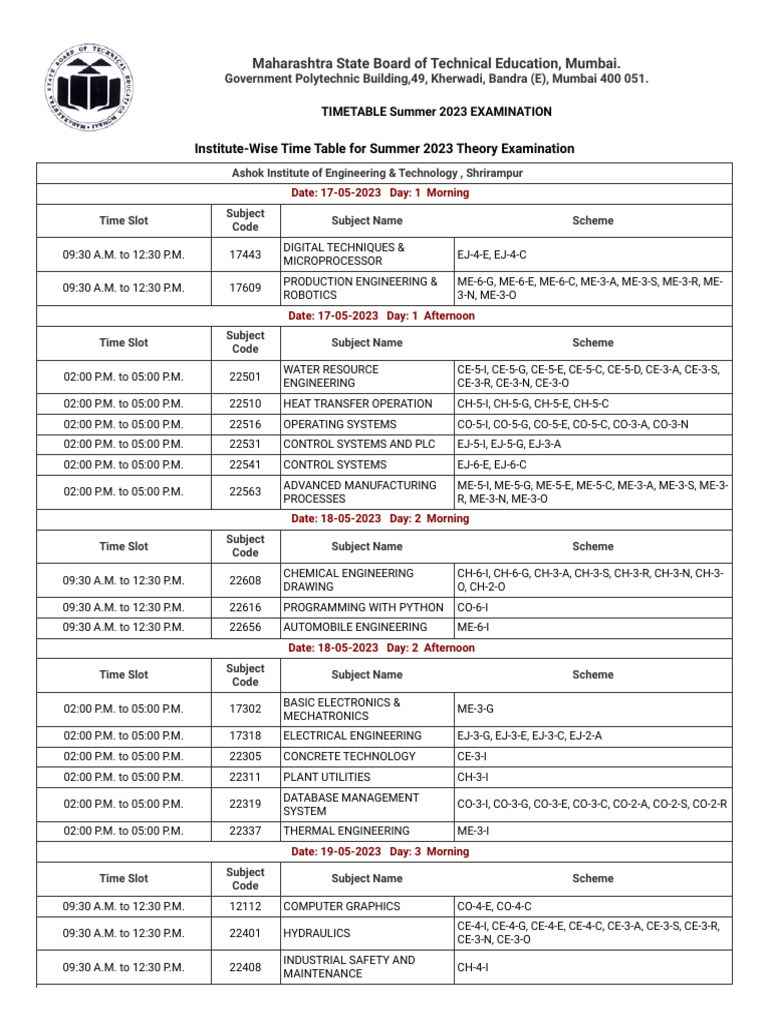 Summer 2023 Exam Timetable | PDF | Engineering | Mechatronics