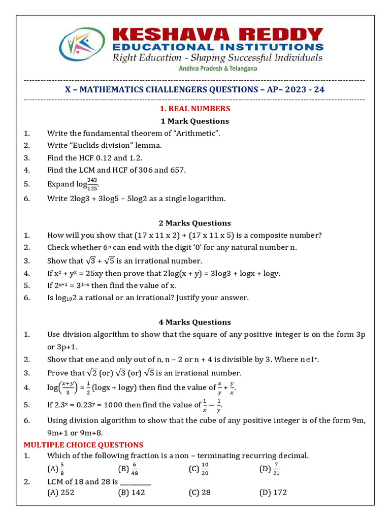 X - MATHEMATICS CHALLENGERS QUESTIONS - AP - 2023 - 24 Edited | PDF | Area | Quadratic Equation