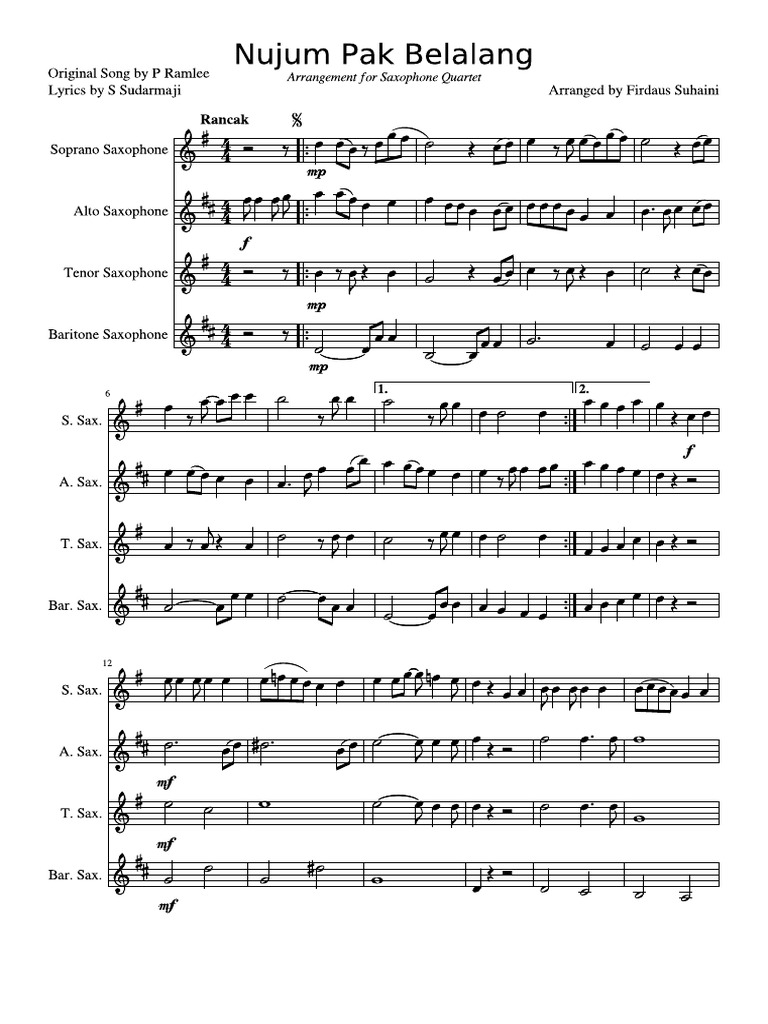 Nujum Pak Belalang (Saxophone Quartet) .Musicxml | PDF