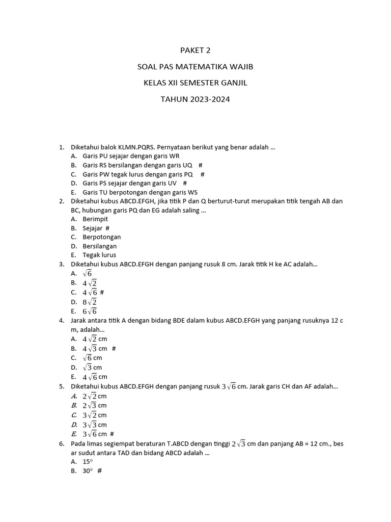 Paket B Soal Pas Matematika Wajib Kelas Xii Ganjil 2023-2024 | PDF