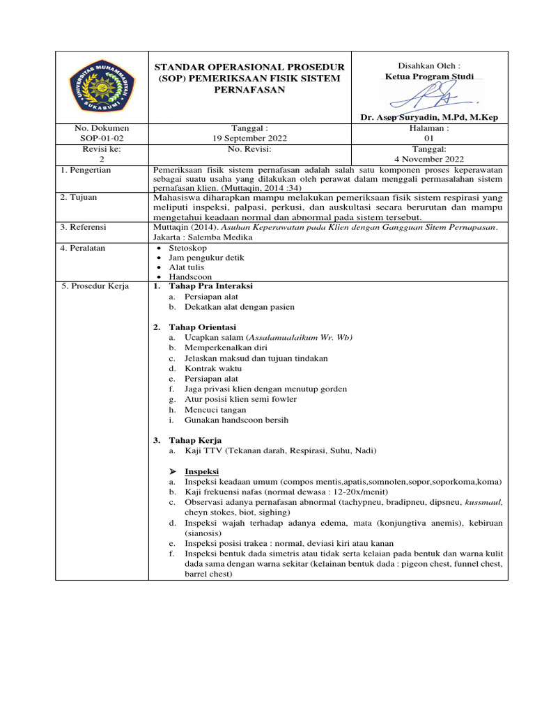 SOP 01-01 Pemfis Sistem Pernafasan | PDF