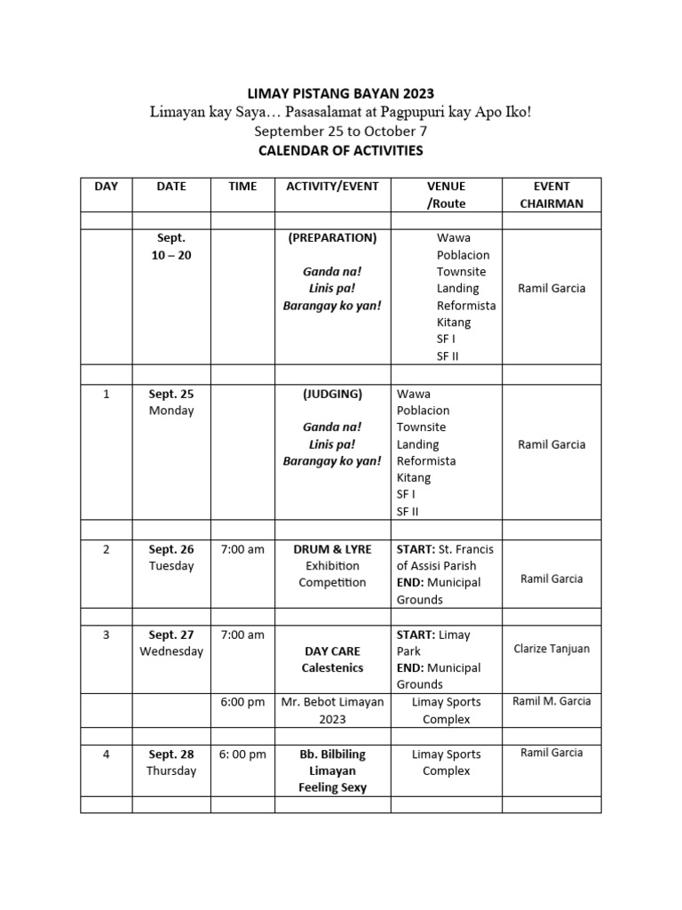 FIESTA 2023 Calendar of Activities | PDF