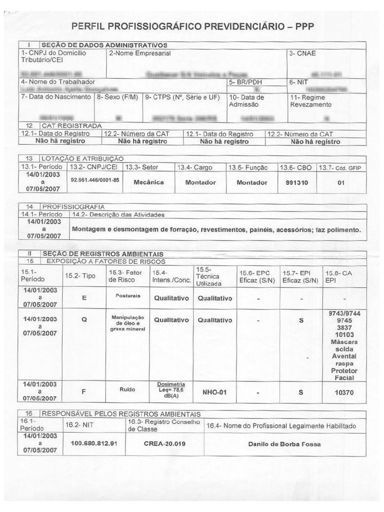 Modelo de PPP - Agente Químico - Graxas e Óleos Minerais - Mecânico e Montador | PDF