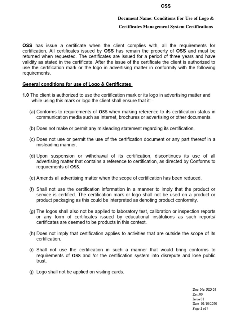 PID 02 Condition For Use of Logo & Certificate | PDF | Certification ...