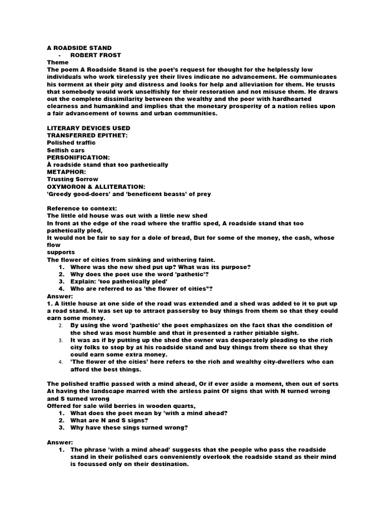 A Roadside Stand Notes Class 12 | PDF