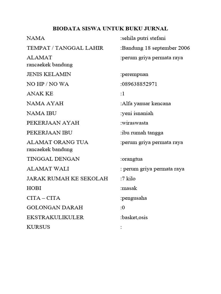Biodata Untuk Buku Jurnal | PDF