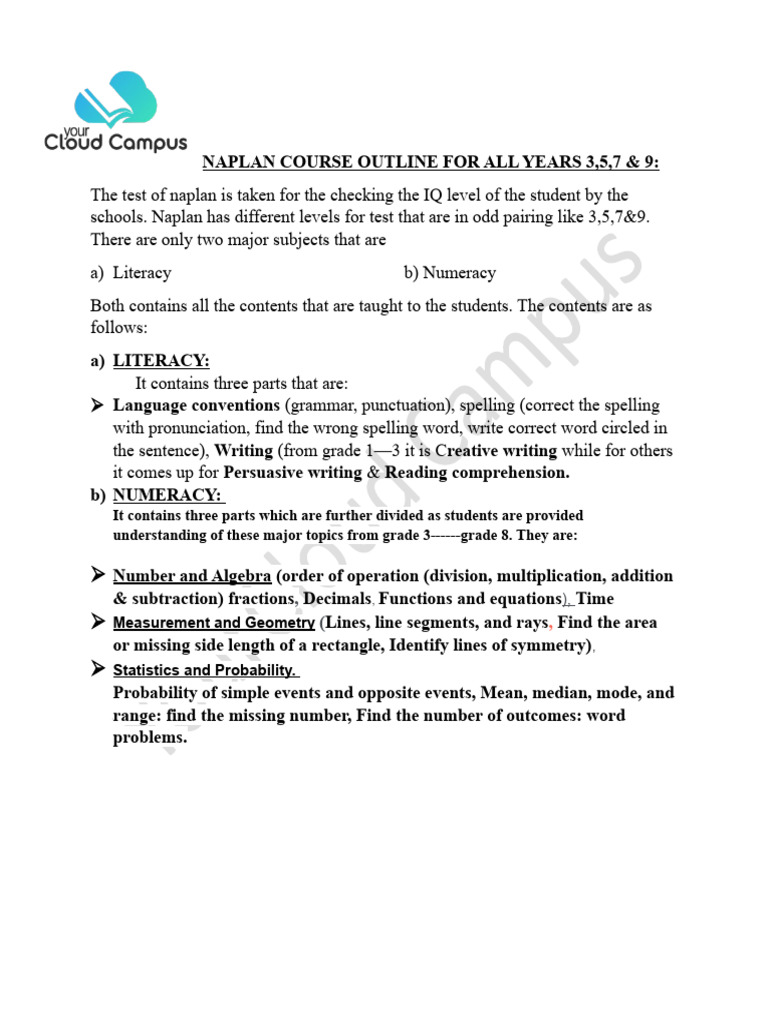 Naplan Course Outline For All Years 3 - 9 | PDF