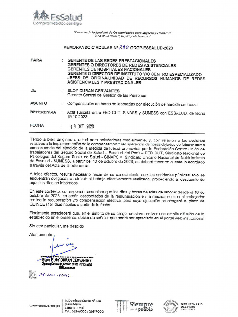 Memorando Circular #280-Gcgp-Essalud-2023 | PDF