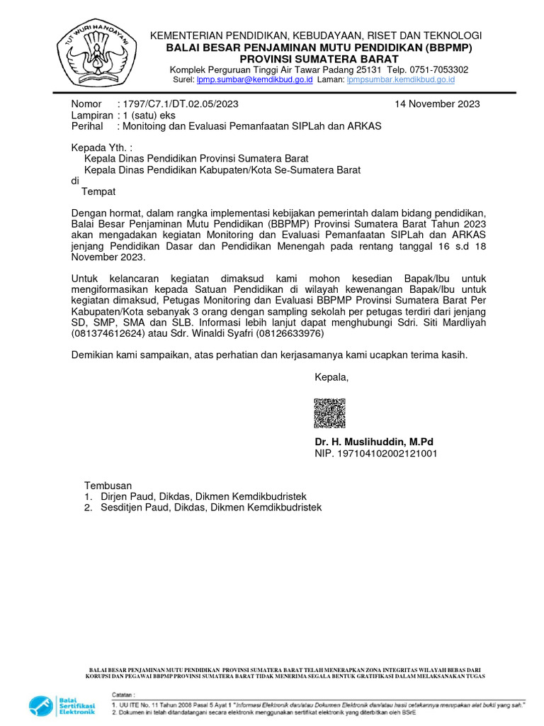 Surat Pemberitahuan - Monev SIPLah Dan ARKAS 4 (16-18 Nov) | PDF Surat Pemberitahuan - Monev SIPLah Dan ARKAS 4 (16-18 Nov) | PDF