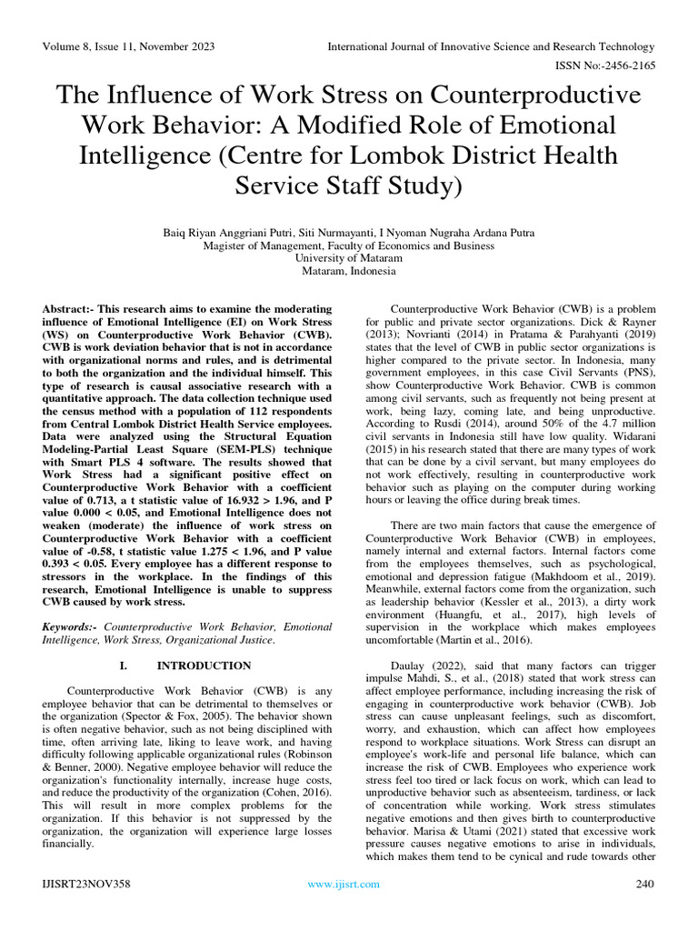 The Influence of Work Stress On Counterproductive Work Behavior: A ...