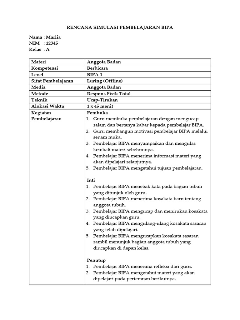 Contoh - Rencana Simulasi Pembelajaran BIPA | PDF | Karier & Perkembangan