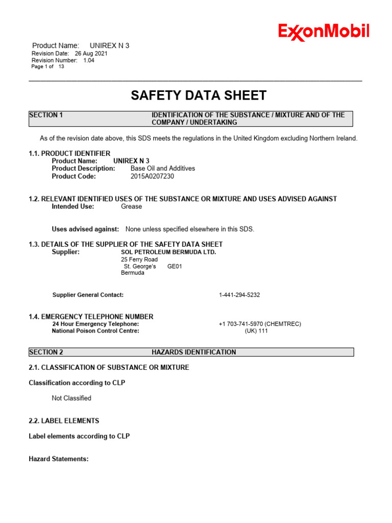 MSDS Unirex N 3 - 1010141 | PDF | Workplace | Physical Sciences