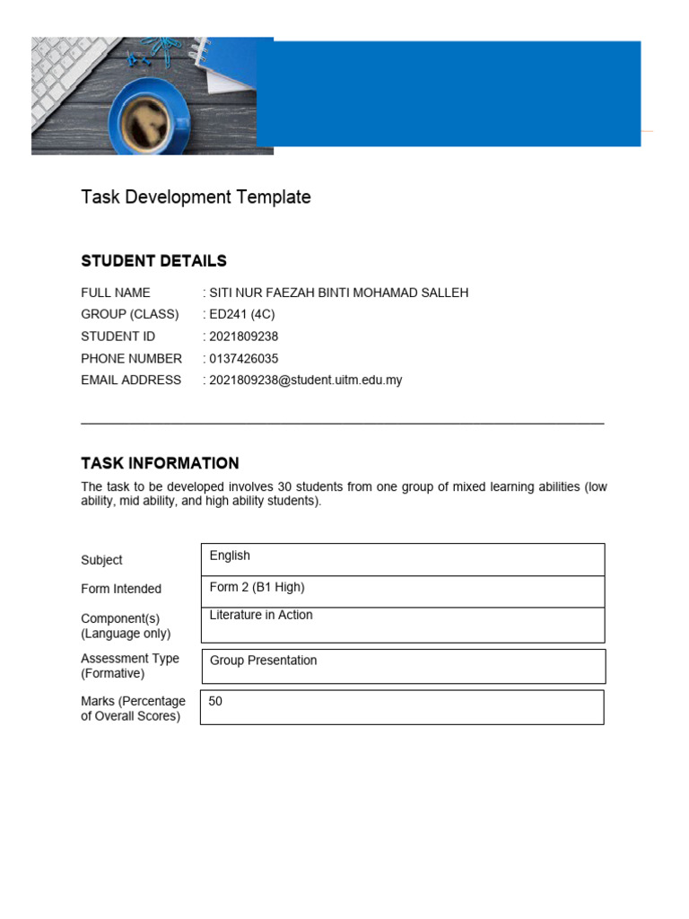Assignment 1 - Task Development Template - Siti Nur Faezah - 2021809238 - 4C | PDF | Learning ...
