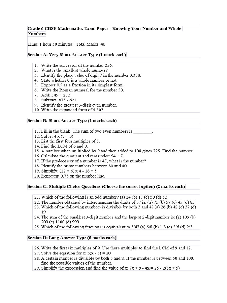 Maths Paper - Whole No.,knowing Your Number, Play With Numbers | PDF
