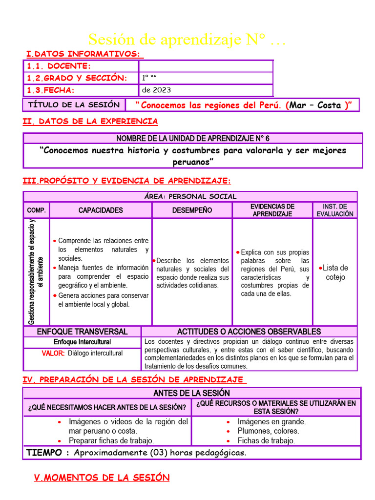 SESIÓN LAS REGIONES (MAR - COSTA)- MAESTRA JANET | PDF | Aprendizaje | Perú